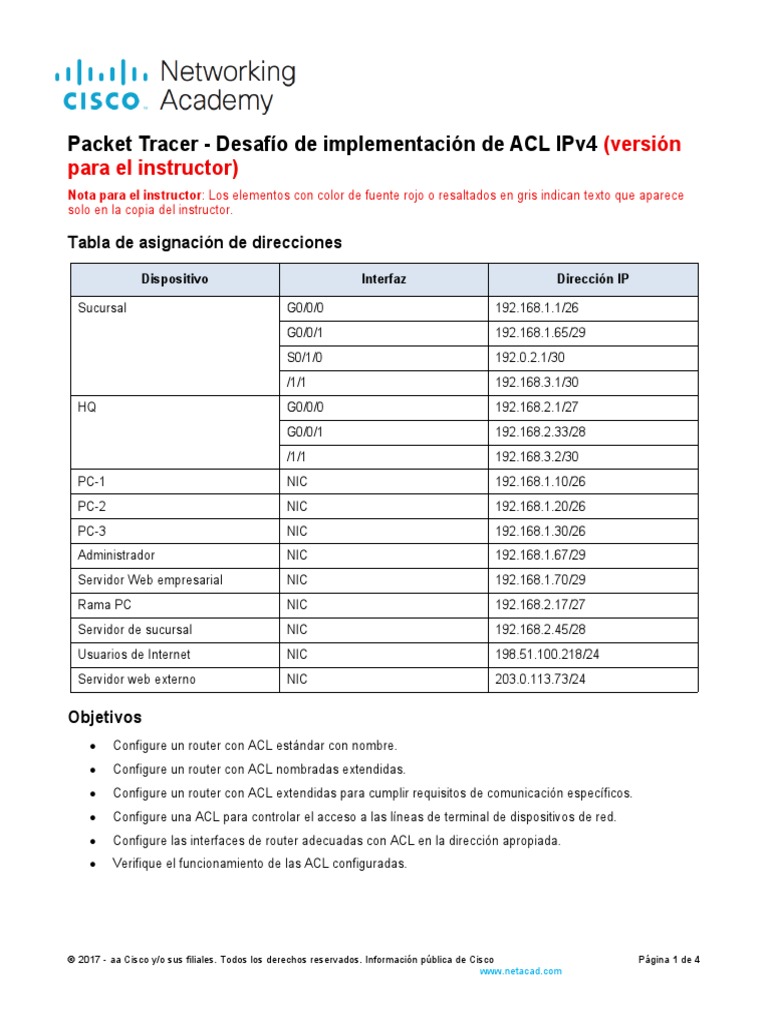 5.5.1 Packet Tracer - IPv4 ACL Implementation Challenge - ILM | PDF | Enrutador (Computación ...