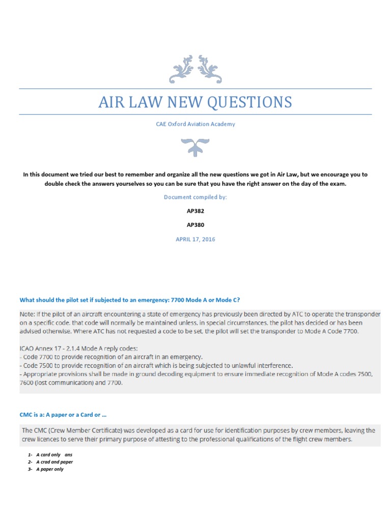Air Law Questions Compilation | PDF | Instrument Flight Rules | Air ...