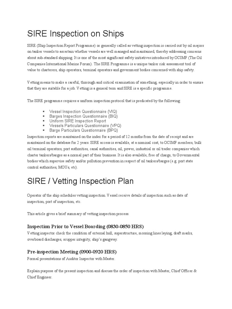 SIRE Inspection On Ships | PDF | Oil Tanker | Ships