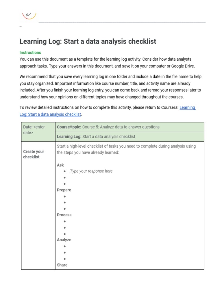 Learning Log: Start A Data Analysis Checklist: Instructions | PDF