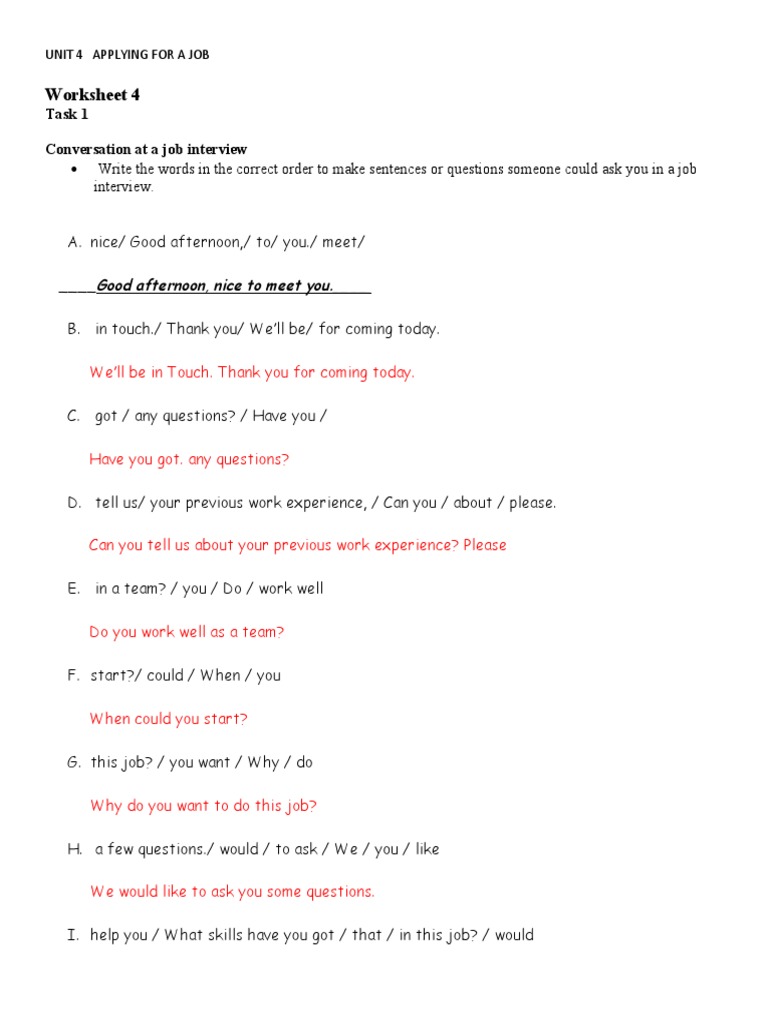 Unit 4 Worksheet 4 Conversation at A Job Interview | PDF | Job ...