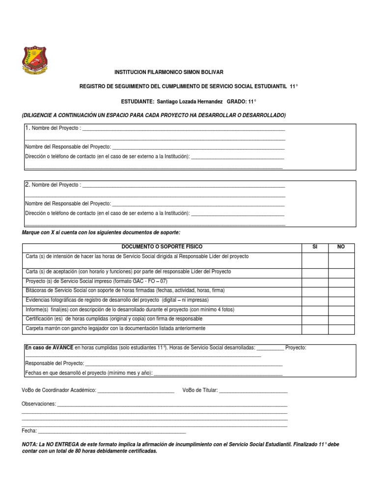 Formato-Registro-de-Avances-Horas-Servicio-Social-Estudiantil 1 | PDF