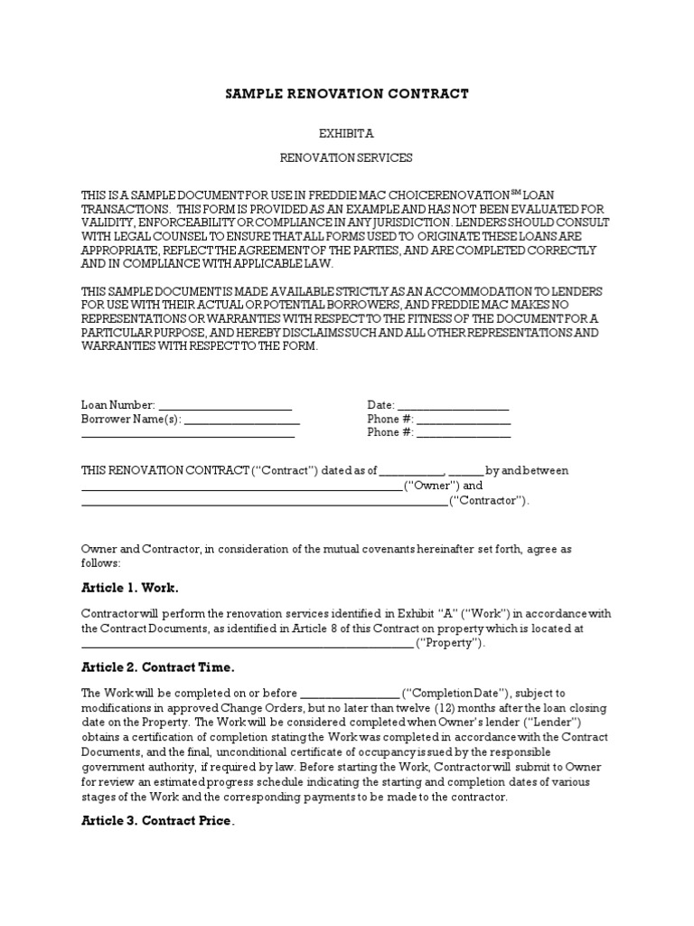 Sample Renovation Contract: Article 1. Work | PDF | Indemnity ...