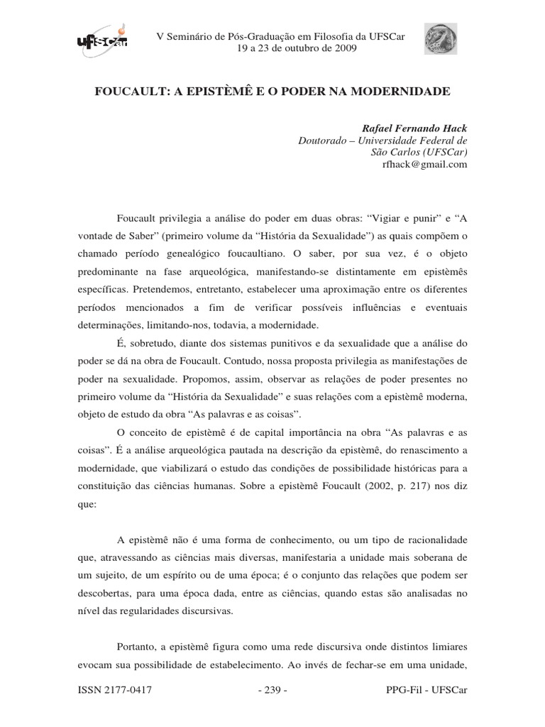 Rafael Fernando Hack Foucault A Epistêmé e o Poder Na Modernidade | PDF ...