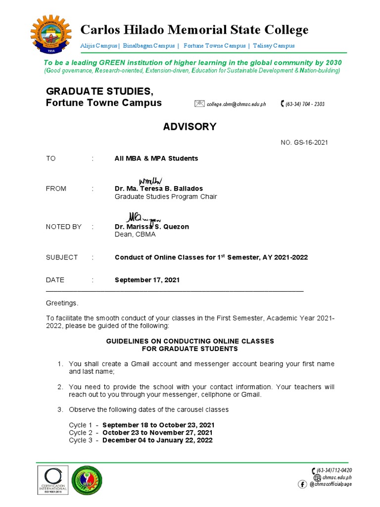 Advisory No. 16 2021 Conduct of Online Class 1st Sem AY 2021 2022 | PDF | Communication | Lecture