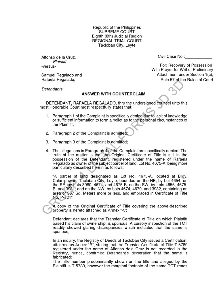 Answer With Counterclaim Sample | PDF | Complaint | Damages