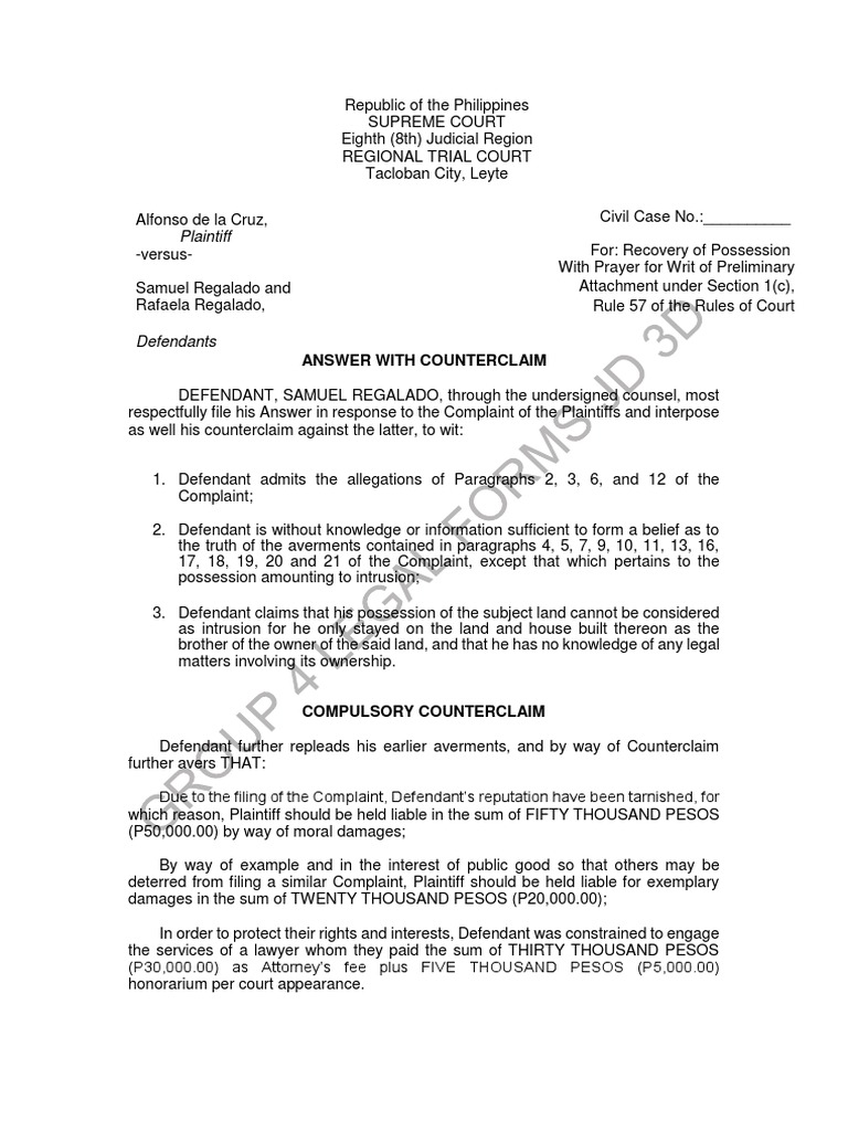 Defendants: Answer With Counterclaim | PDF | Complaint | Lawsuit