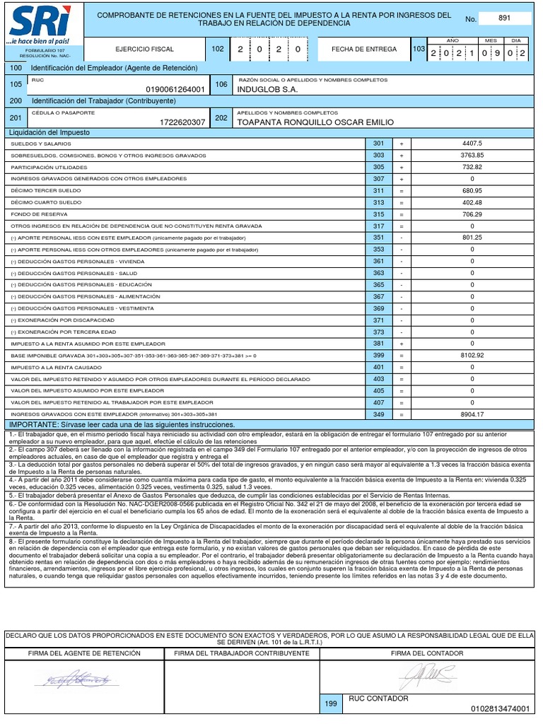 Induglob S.A.: Formulario 107 Resolución No. Nac | PDF | Impuesto sobre ...