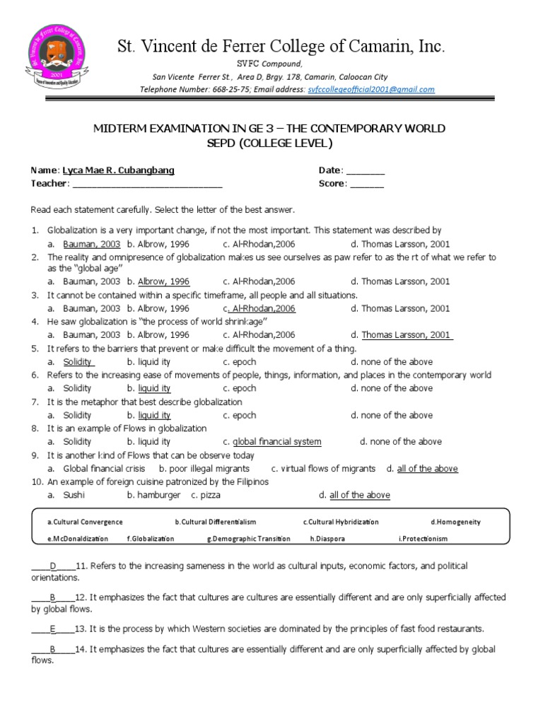 Ge 3 The Contemporary World Midterm Exam | PDF | Globalization | Mass Media