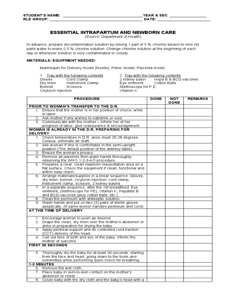 EINC Checklist - DOH | PDF | Childbirth | Breastfeeding