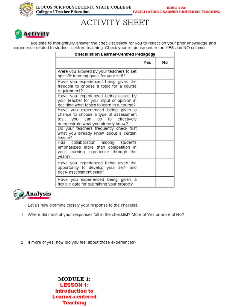 Activity Sheet Module 1 - Lesson 1 | PDF | Teachers | Educational ...