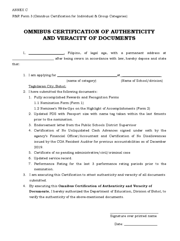 Omnibus Certification of Authenticity and Veracity of Documents | PDF ...