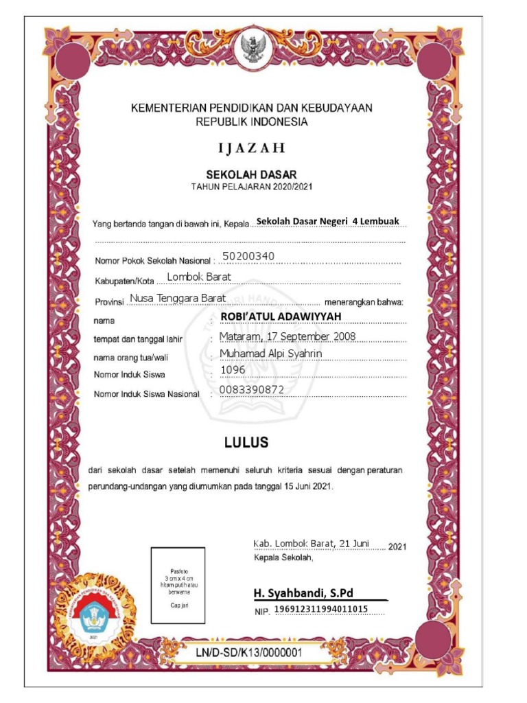 Contoh Ijazah SD k13 | PDF