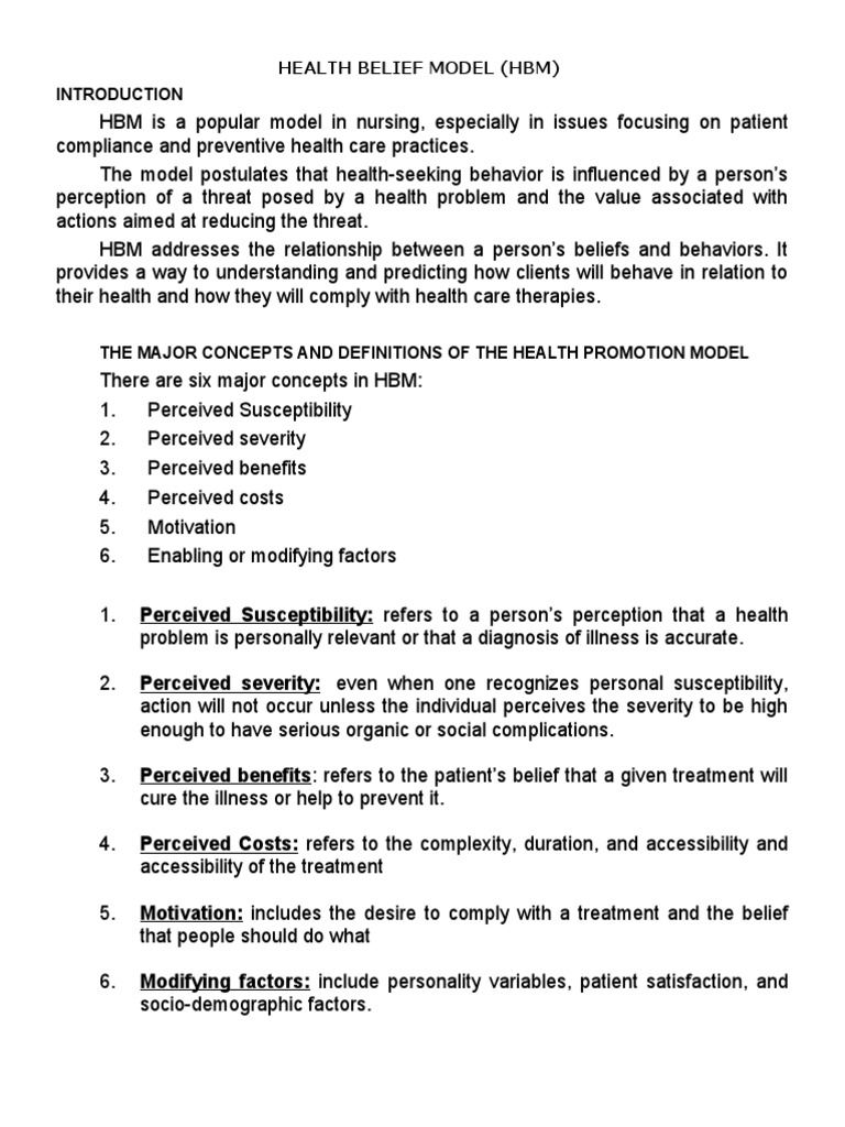 Health Belief Model | PDF | Behavior | Self Efficacy