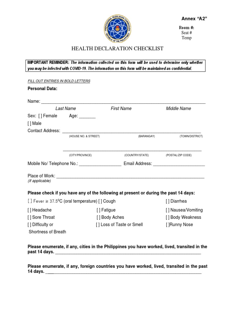 Health Declaration Form (Annex A2) - Koronadal | PDF | Clinical Medicine | Medical Specialties