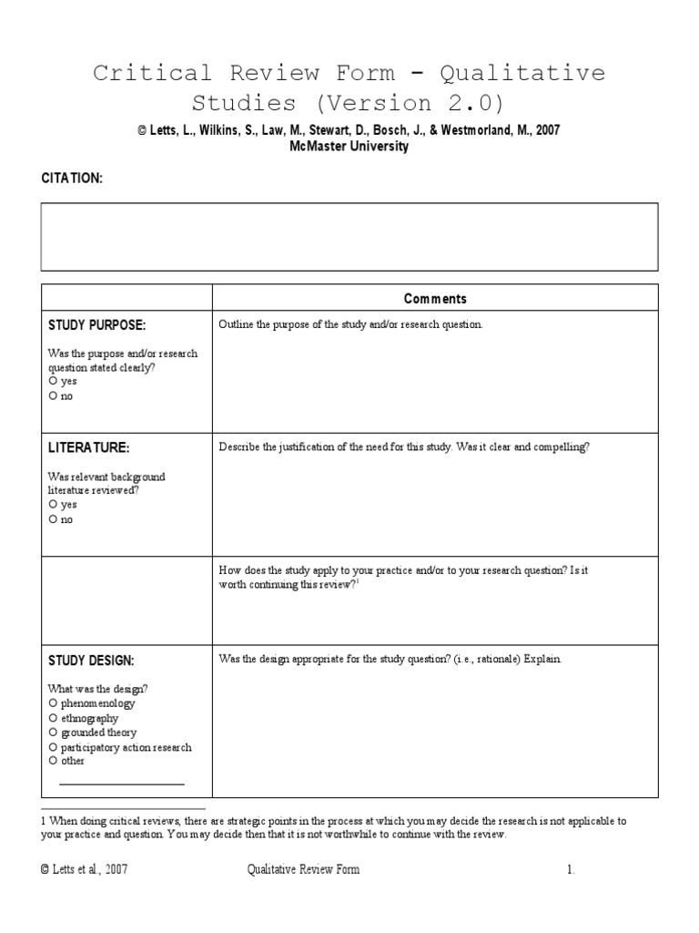 Critical Review Form - Qualitative Studies (Version 2.0) : Mcmaster ...