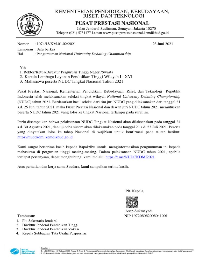 PengumumanFinalis Nasional NUDC 2021 | PDF