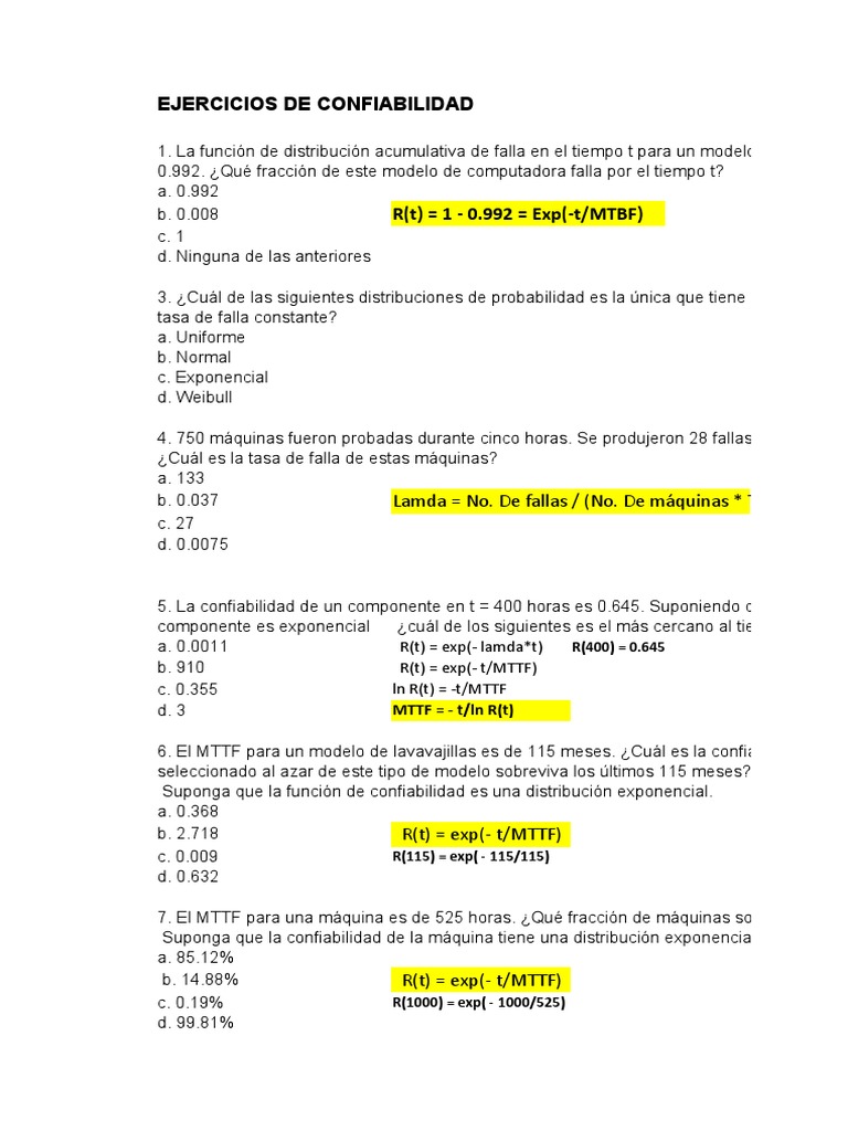 Ejercicios Confiabilidad | PDF | Ingeniería de confiabilidad | Matemáticas Aplicadas