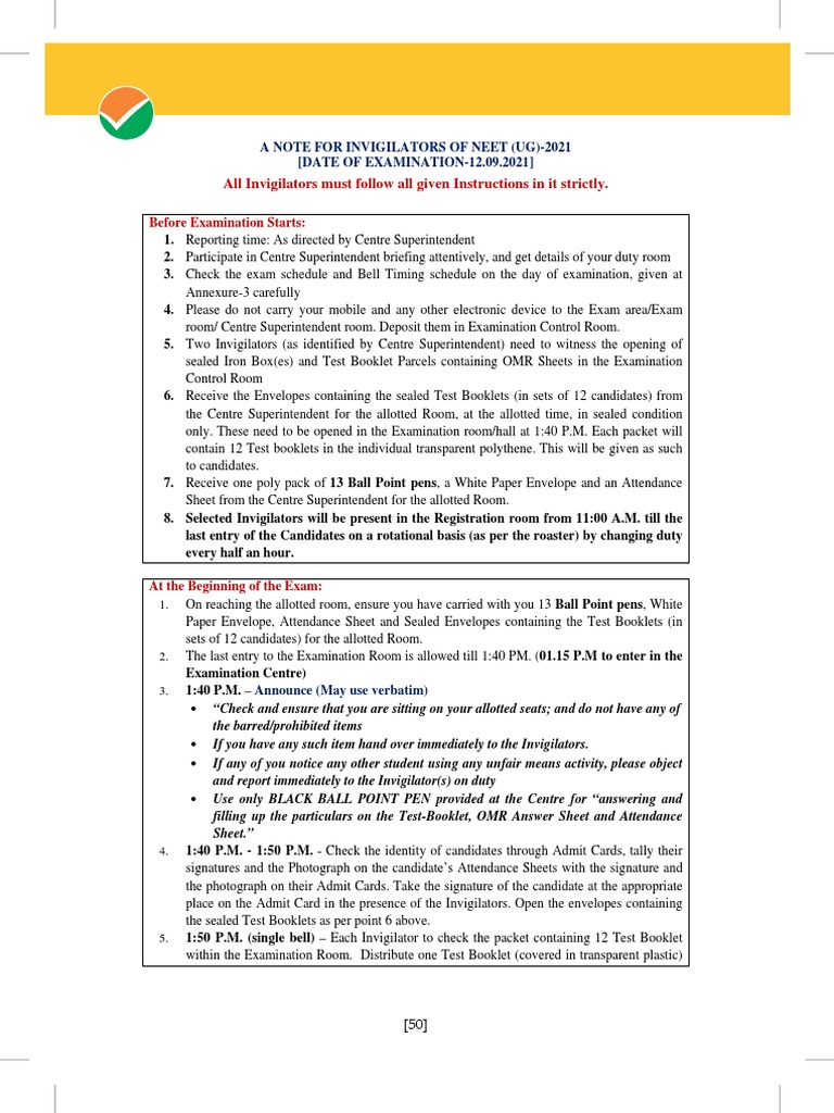 NEET Exam Invigilator Instructions 2021 | PDF | Science & Mathematics