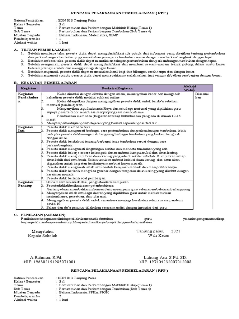 RPP Daring Kelas 3 Tema 1 ST 4 | PDF