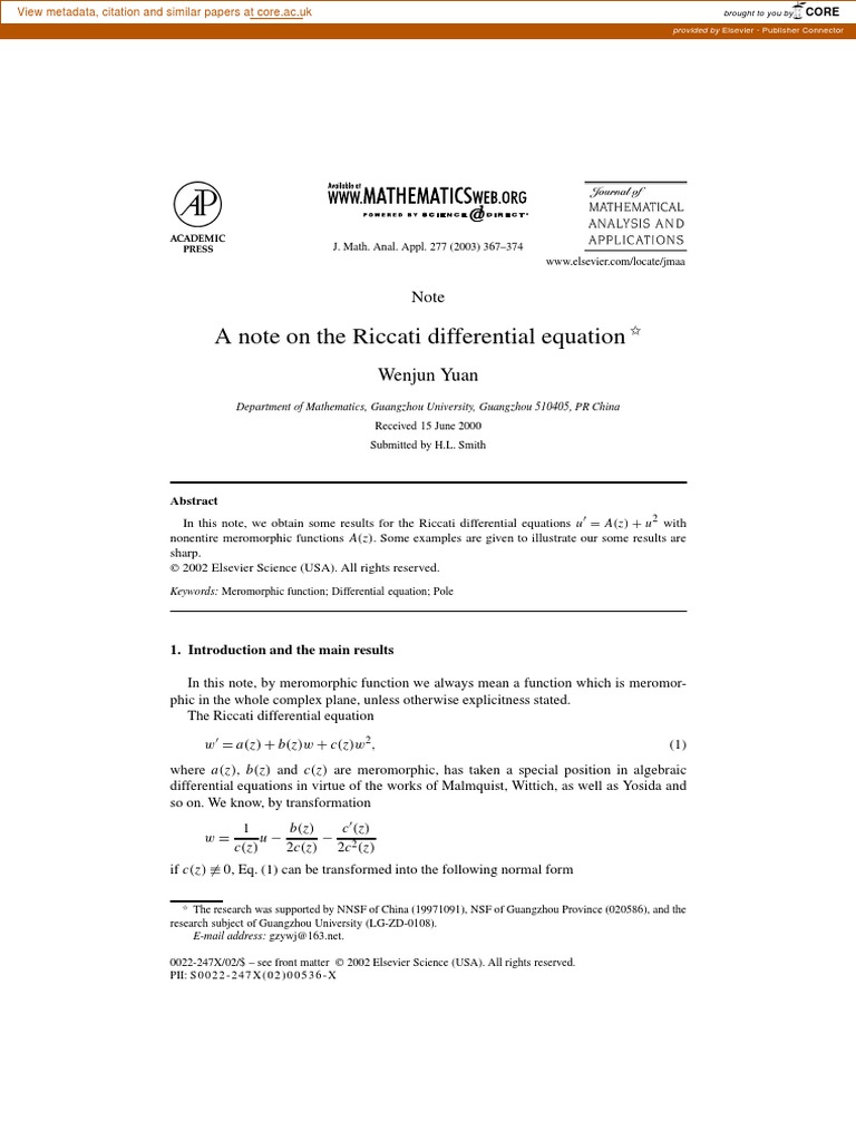 A Note on the Riccati Differential Equation | PDF | Equations ...