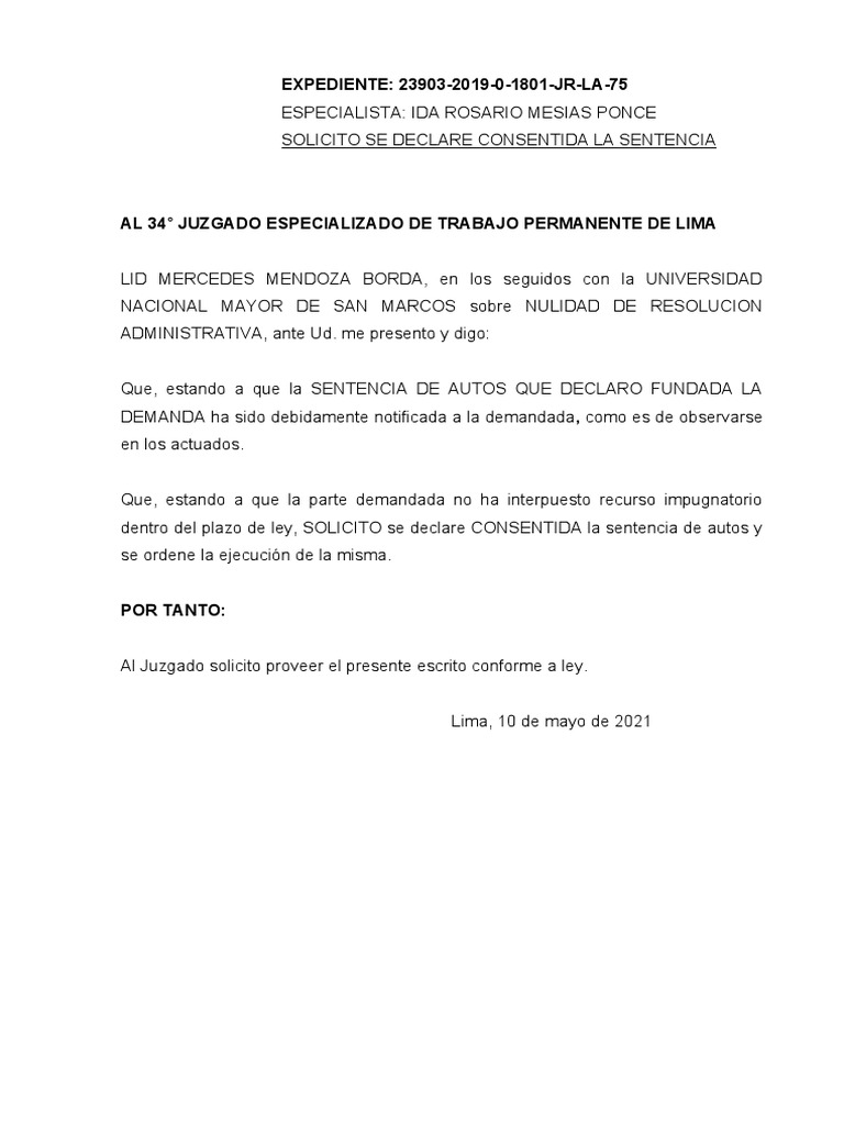 Solicita Declare Consentida Sentencia | PDF