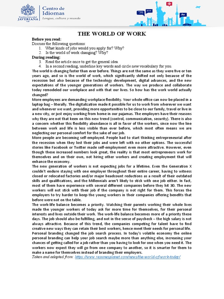 Reading Comprehension The World of Work | PDF | Employment | Telecommuting