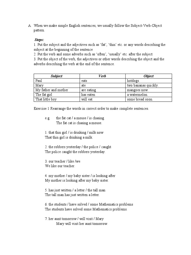 SVO Sentence Structure Exercises | PDF | Subject (Grammar) | Object ...