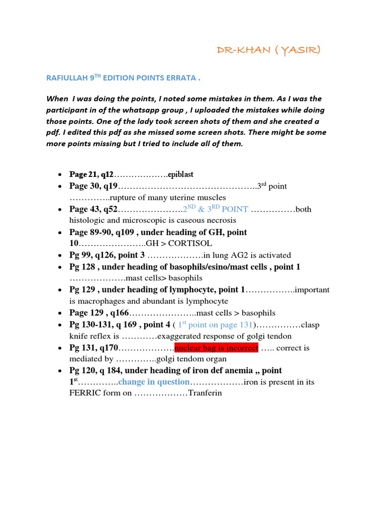 Rafiullah 9th Edition (Points Errata) | PDF | Immune System | Histology