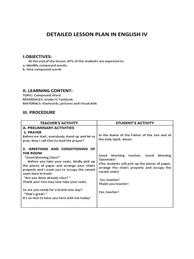 Detailed Lesson Plan in English Iv: I.Objectives | PDF | Lesson Plan