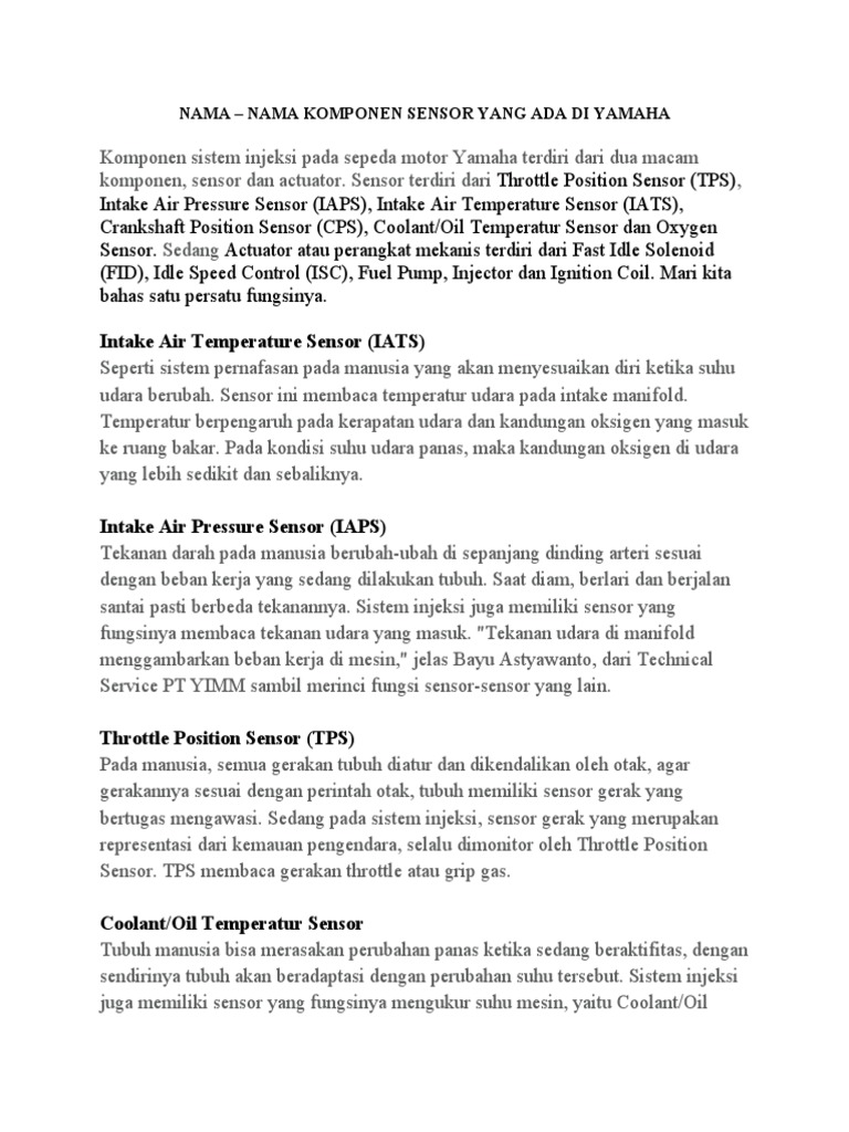 Komponen Sistem Injeksi Pada Sepeda Motor Yamaha Terdiri Dari Dua Macam ...