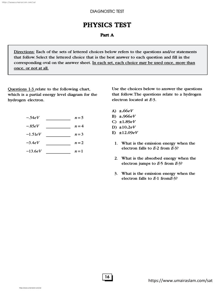 Sat Physics Practice Test | PDF | Light | Radioactive Decay