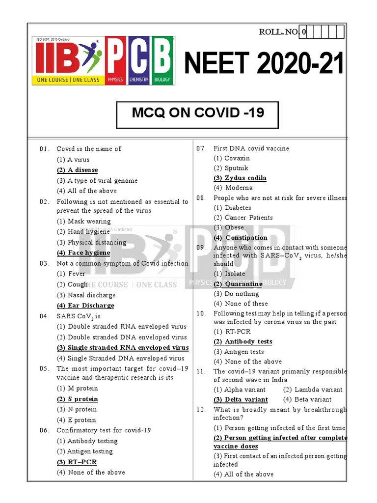 NEET MCQs ON COVID - 19 | PDF | Virus | Infection
