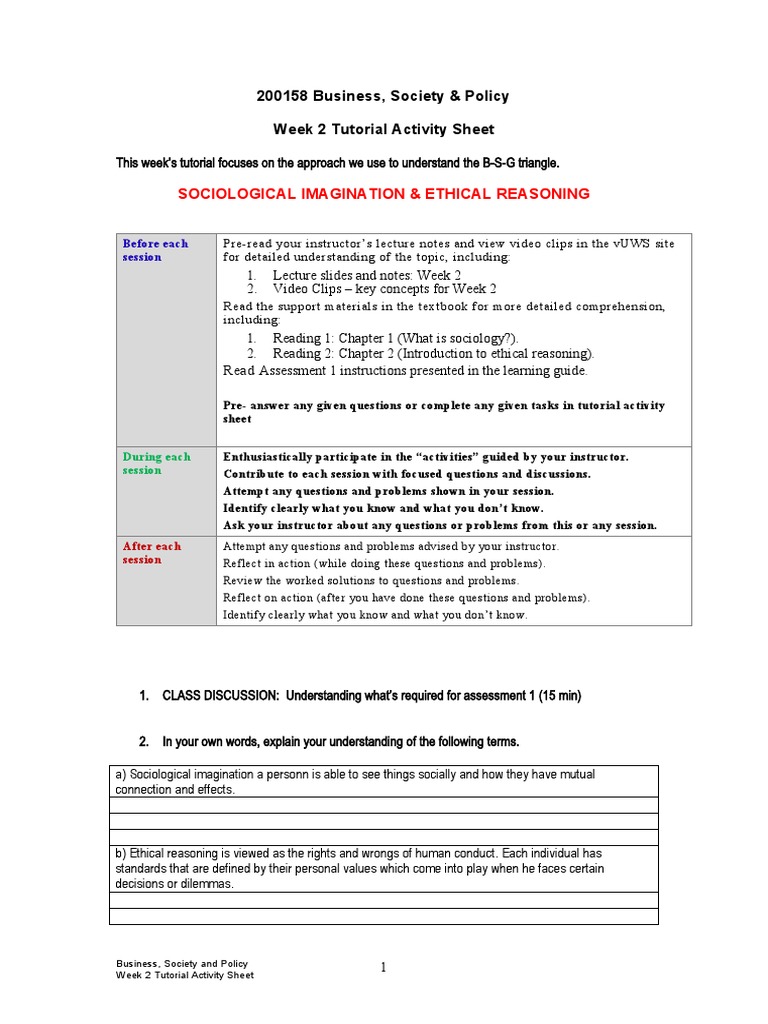 Week 2 Tutorial Activity Sheet | PDF | Sociology | Reading Comprehension