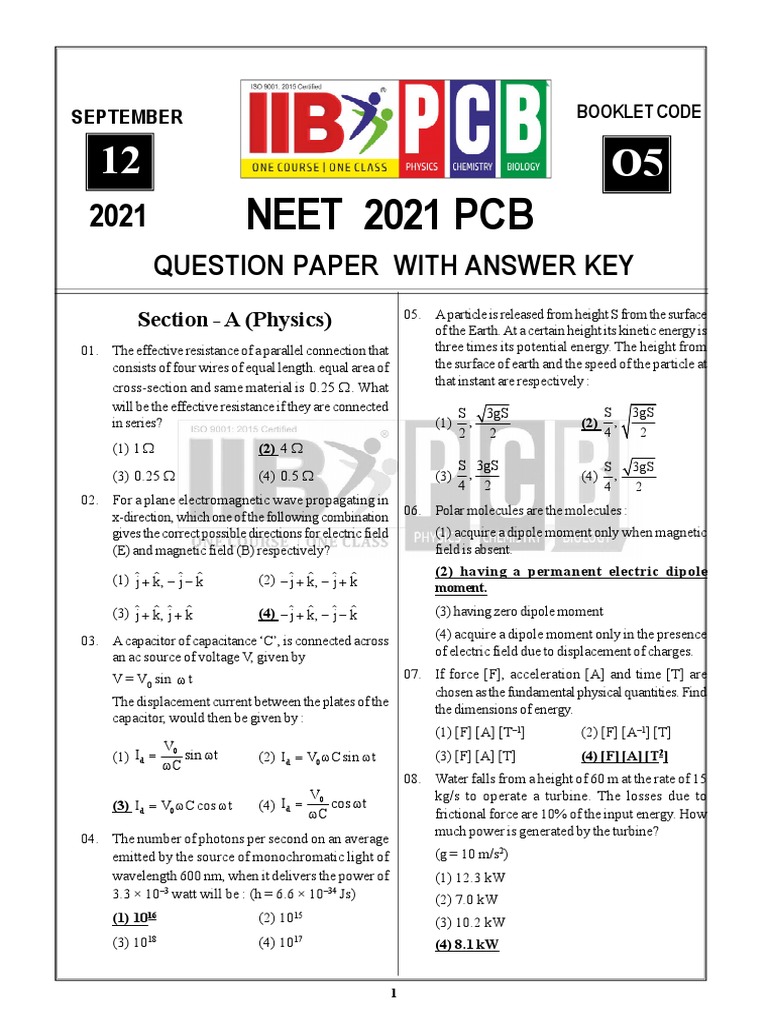 NEET 2021 QUESTION PAPER (PCB) Test Booklet Code O5 Dt.12.09.2021 ...