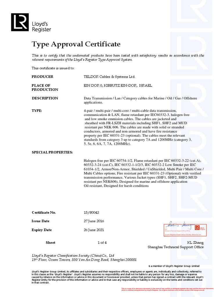 LLOYDS REGISTER Type MGD Approval Certificate SHF1 SHF2 MUD COPPER DATA ...