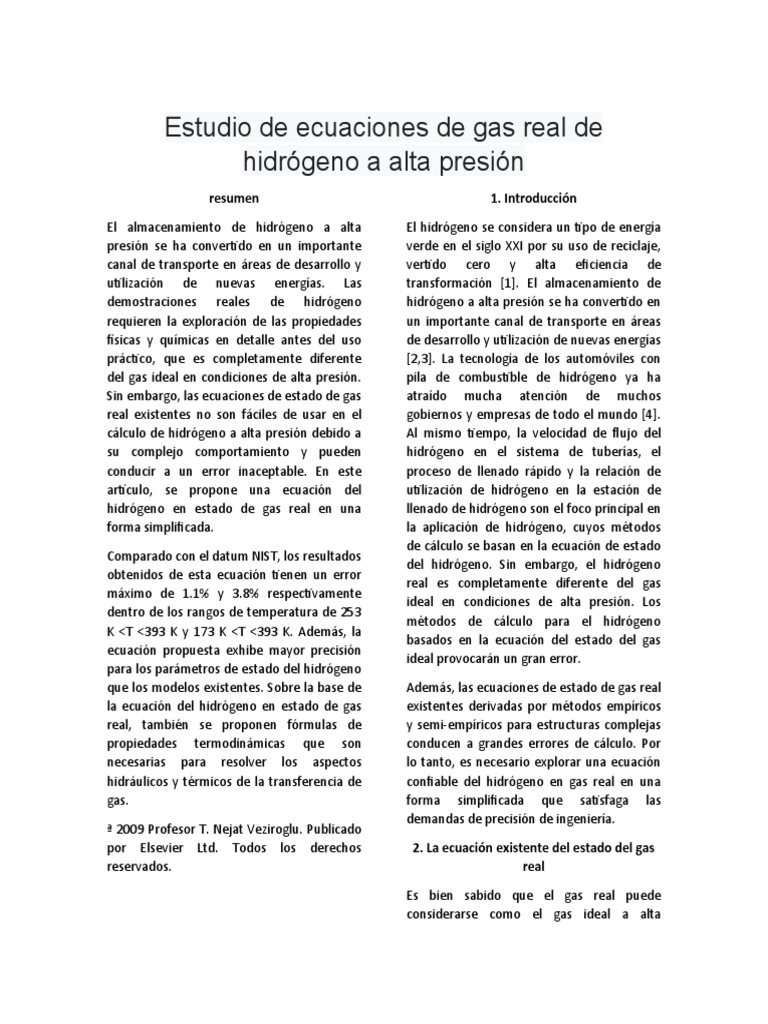 Estudio de Ecuaciones de Gas Real de Hidrógeno A Alta Presión | PDF | Gases | Temperatura