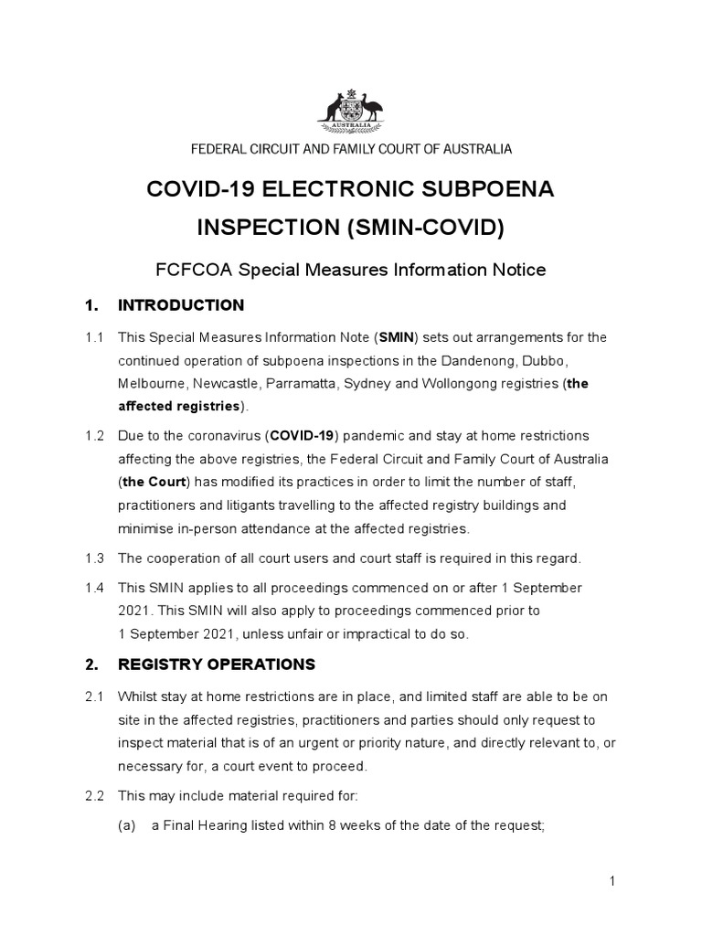 COVID-19 FCFCOA Subpoena Inspection Guide | PDF | Judge | Subpoena
