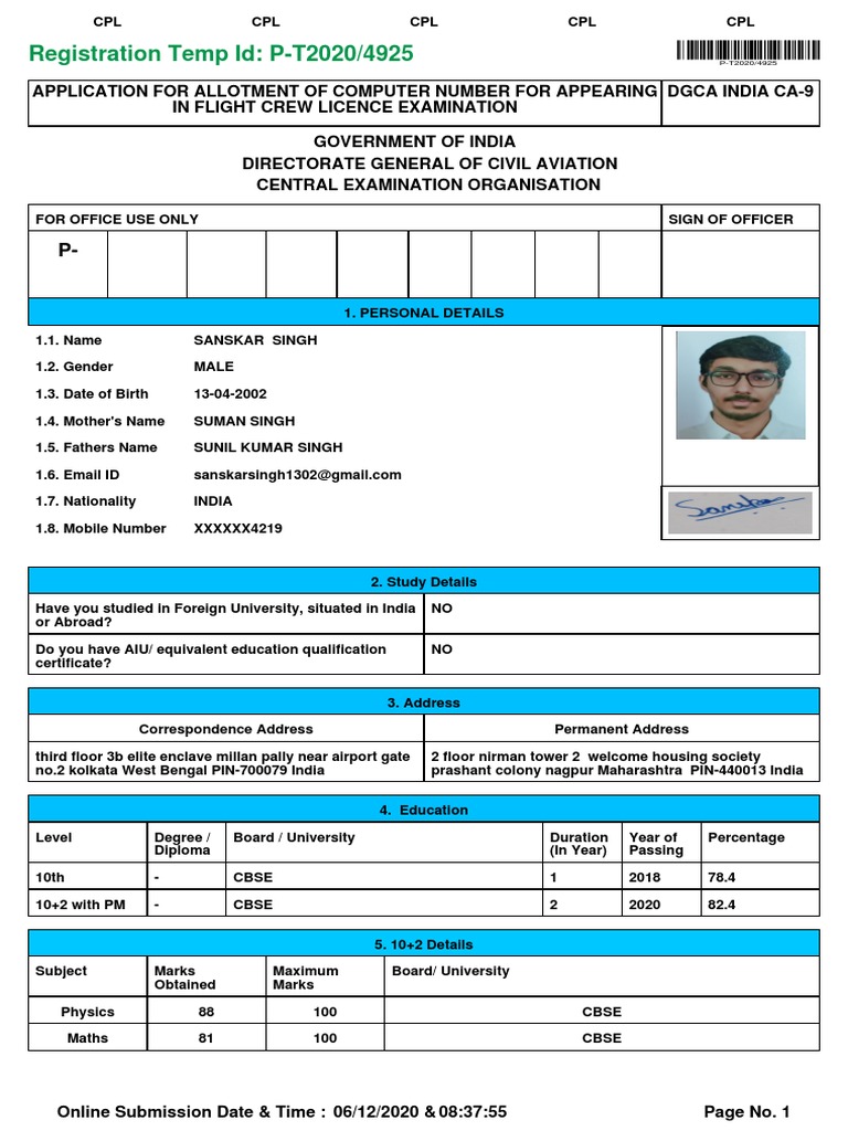 Registration Temp Id: P-T2020/4925 | PDF | Aviation