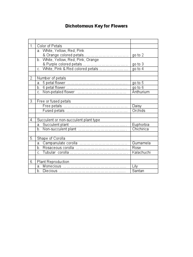 Flower Identification Dichotomous Key | PDF