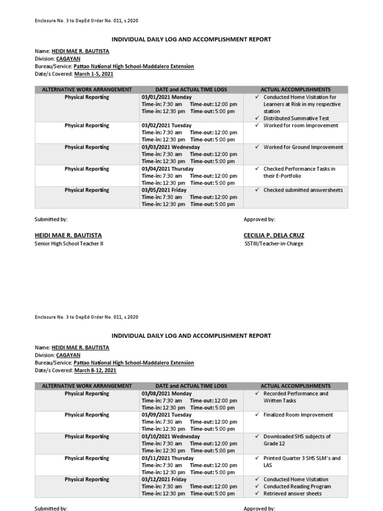 Individual Daily Log and Accomplishment Report: Enclosure No. 3 To ...
