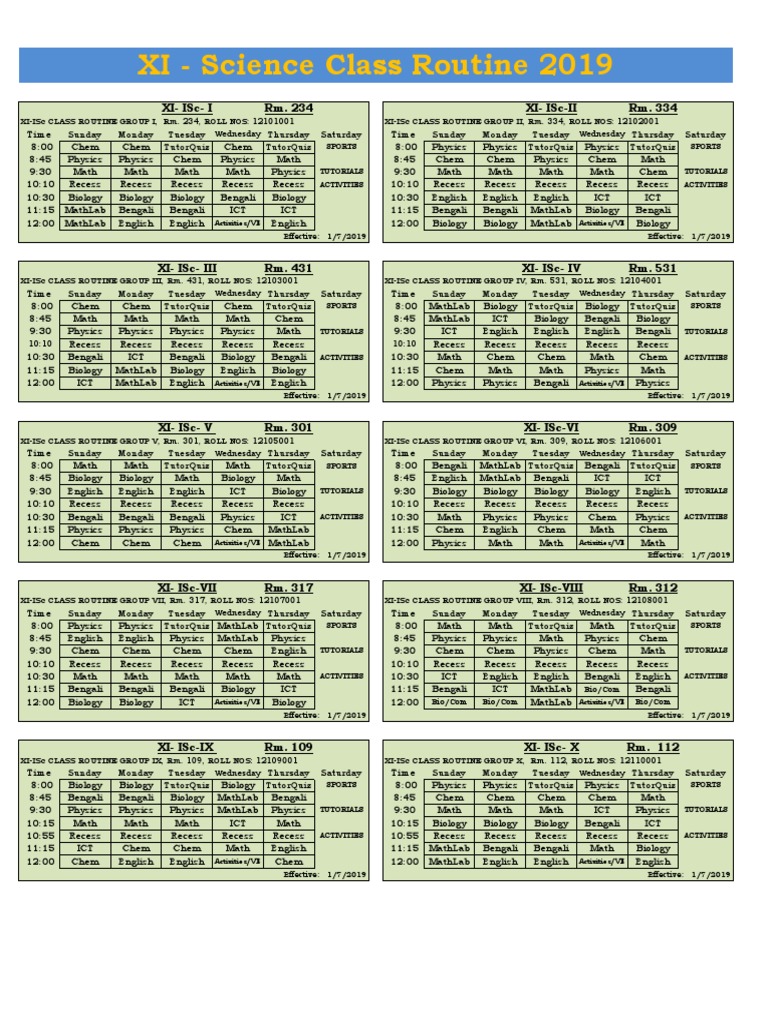Class Routine for 12th Grade Science Students Divided Into 12 Groups ...