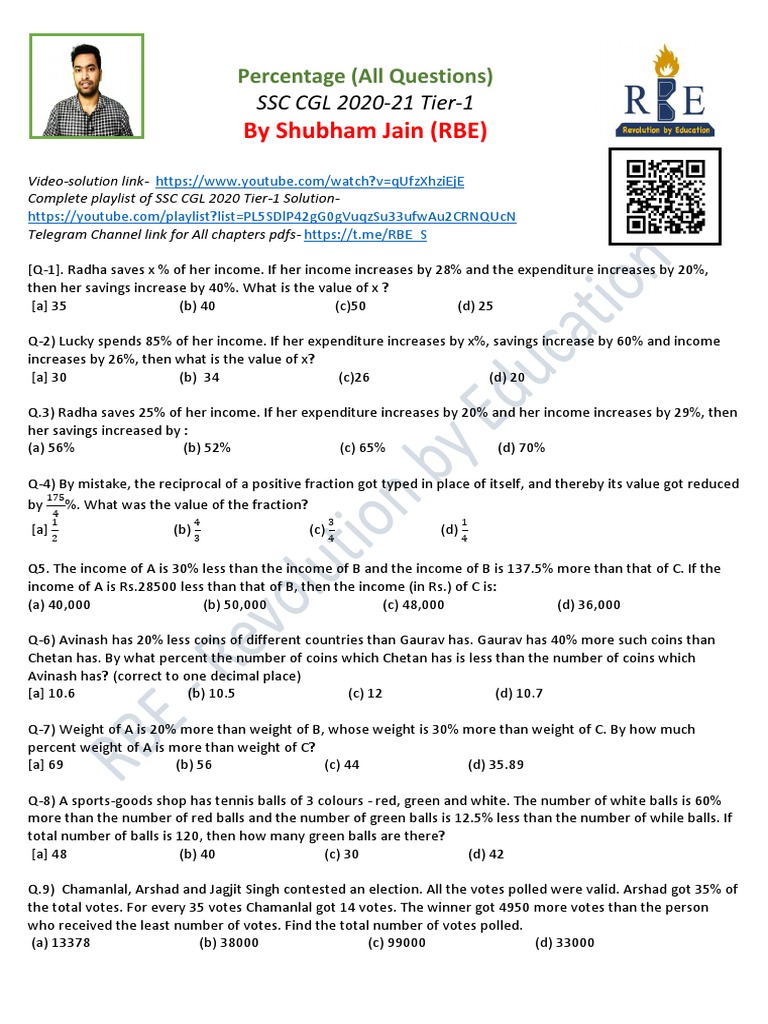 Percentage (English) - SSC CGL 2020 by SHUBHAM JAIN (RBE) | PDF | Money ...