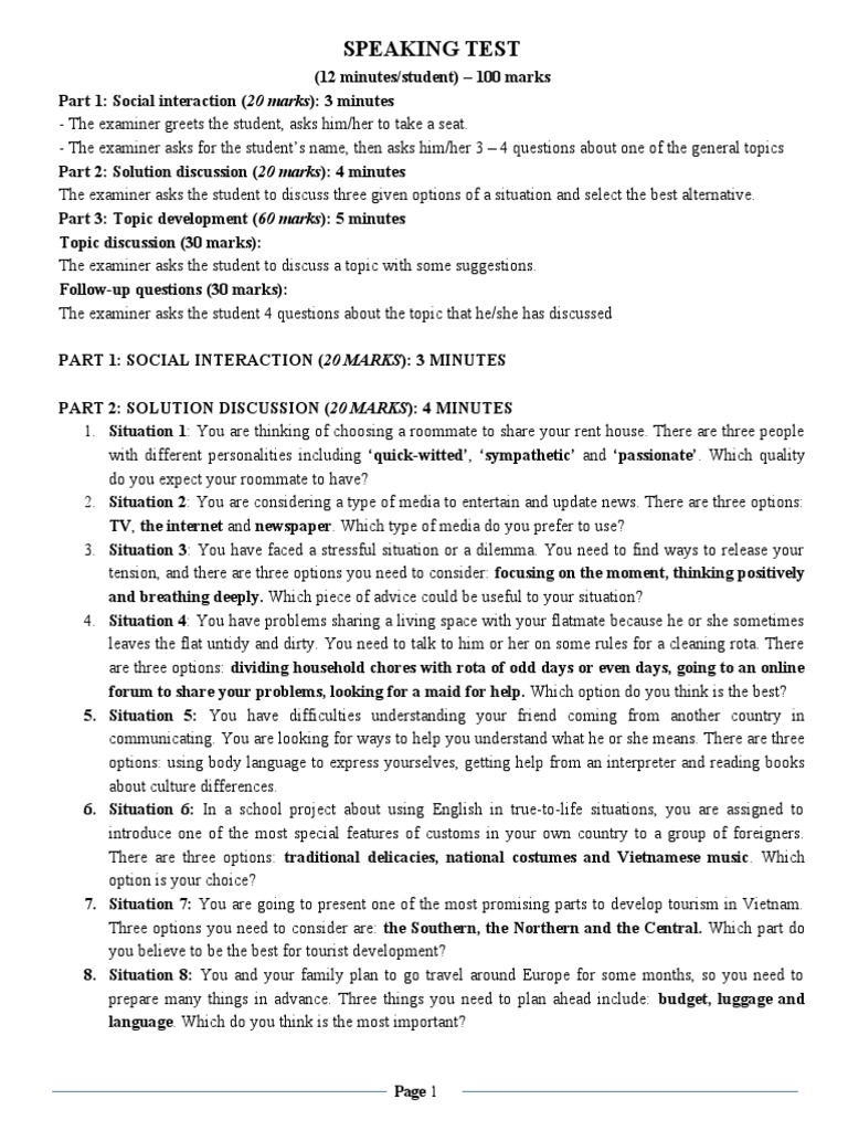General English 7 - Speaking Test | PDF | Roommate | Human Communication