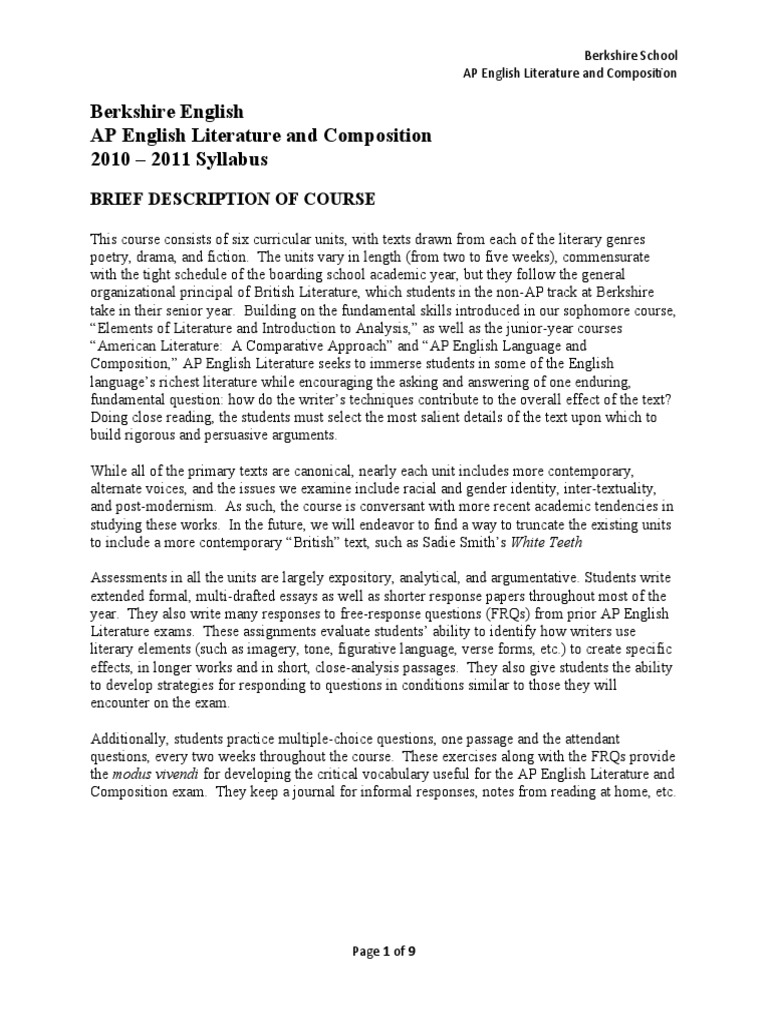 AP English Literature and Composition Syllabus For Audit | PDF | Poetry ...