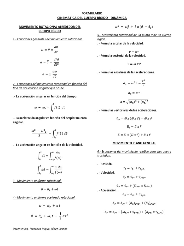 Formulario - Cinemática Del Cuerpo Rígido | PDF | Vector Euclidiano ...