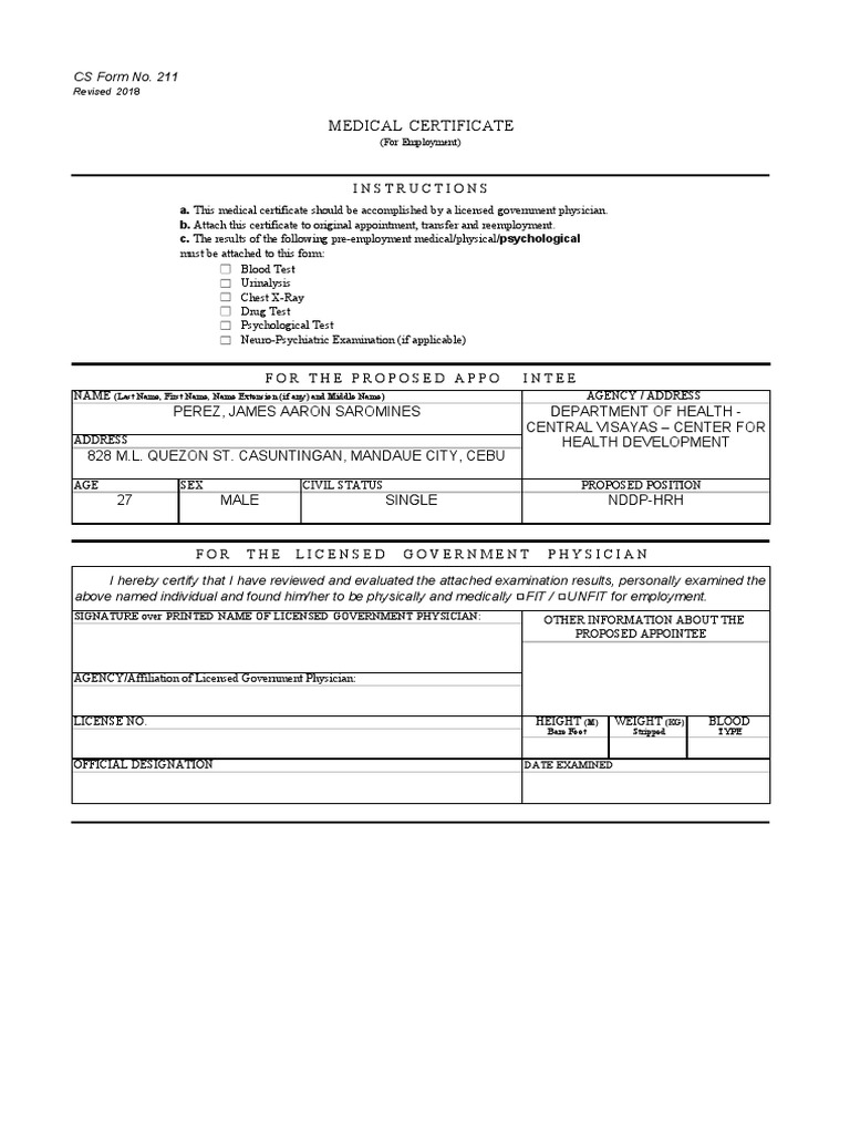 Medical Certificate CS Form No 211 Rev2018 | PDF | Physician | Health ...