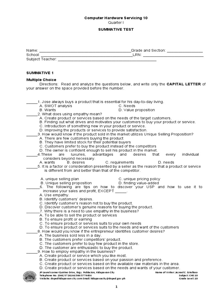 Computer Hardware Servicing 10 Summative Test Pdf Booting Sales
