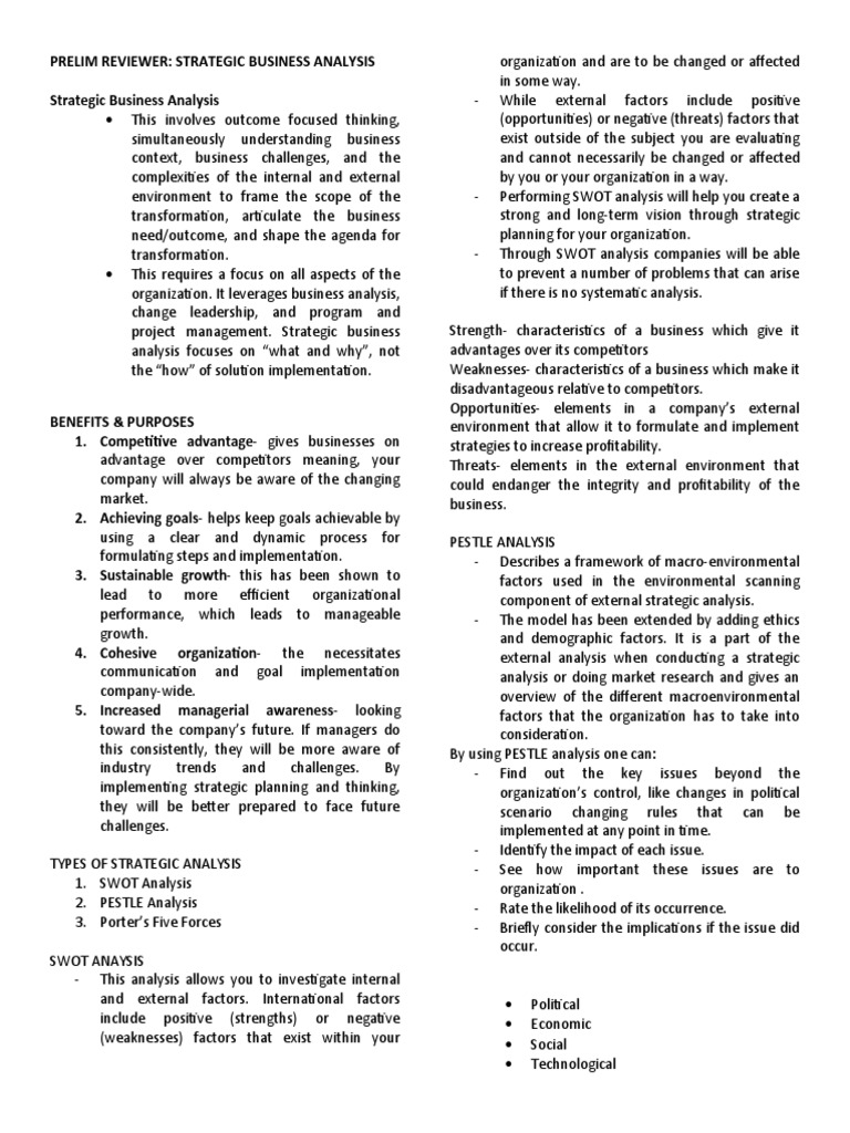 Prelim Reviewer Sba | PDF | Strategic Management | Swot Analysis