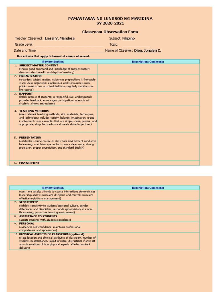 FS1 Form for Classroom Observation | PDF | Teachers | Classroom
